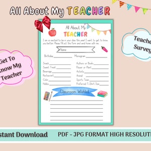 All About My Teacher Survey, School Year Questionnaire, Teacher Survey ...