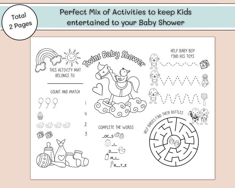 Twins Baby Shower Placemat, Baby Shower Coloring and Activity Book ...