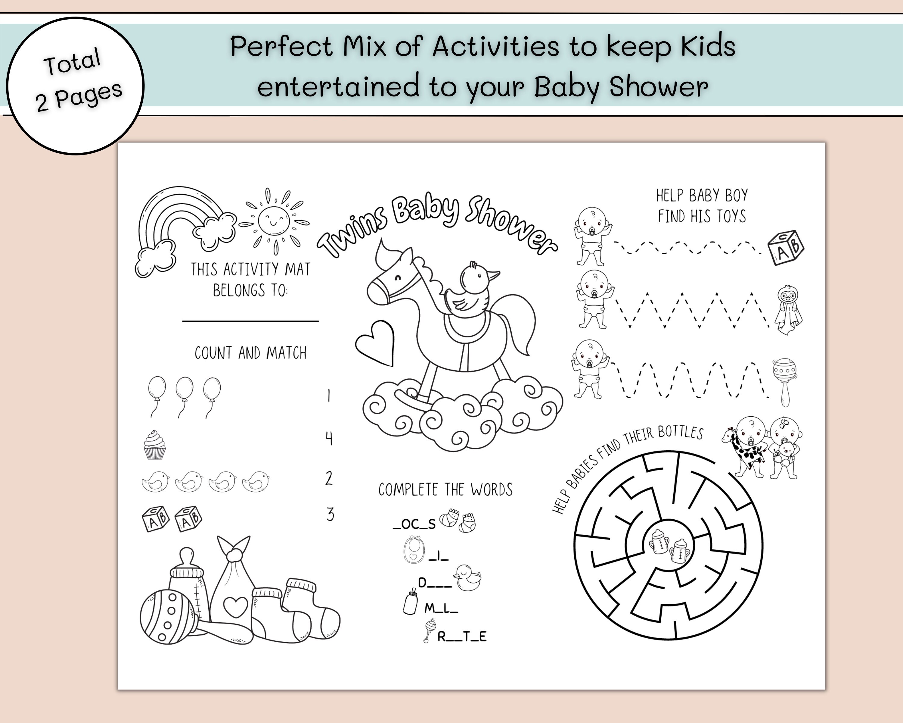 Twins Baby Shower Placemat, Baby Shower Coloring and Activity Book ...