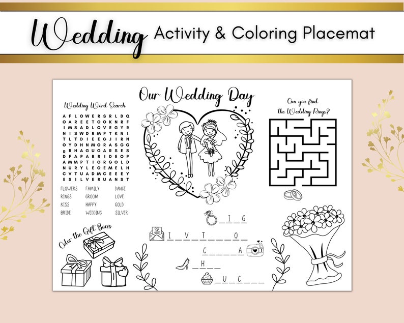 Kids Wedding Activity Coloring Placemat, Wedding Reception Favor ...