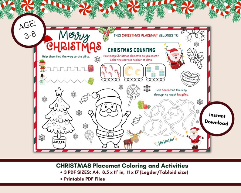 Kid's Christmas Activity Sheet, Christmas Activity-coloring Placemat ...