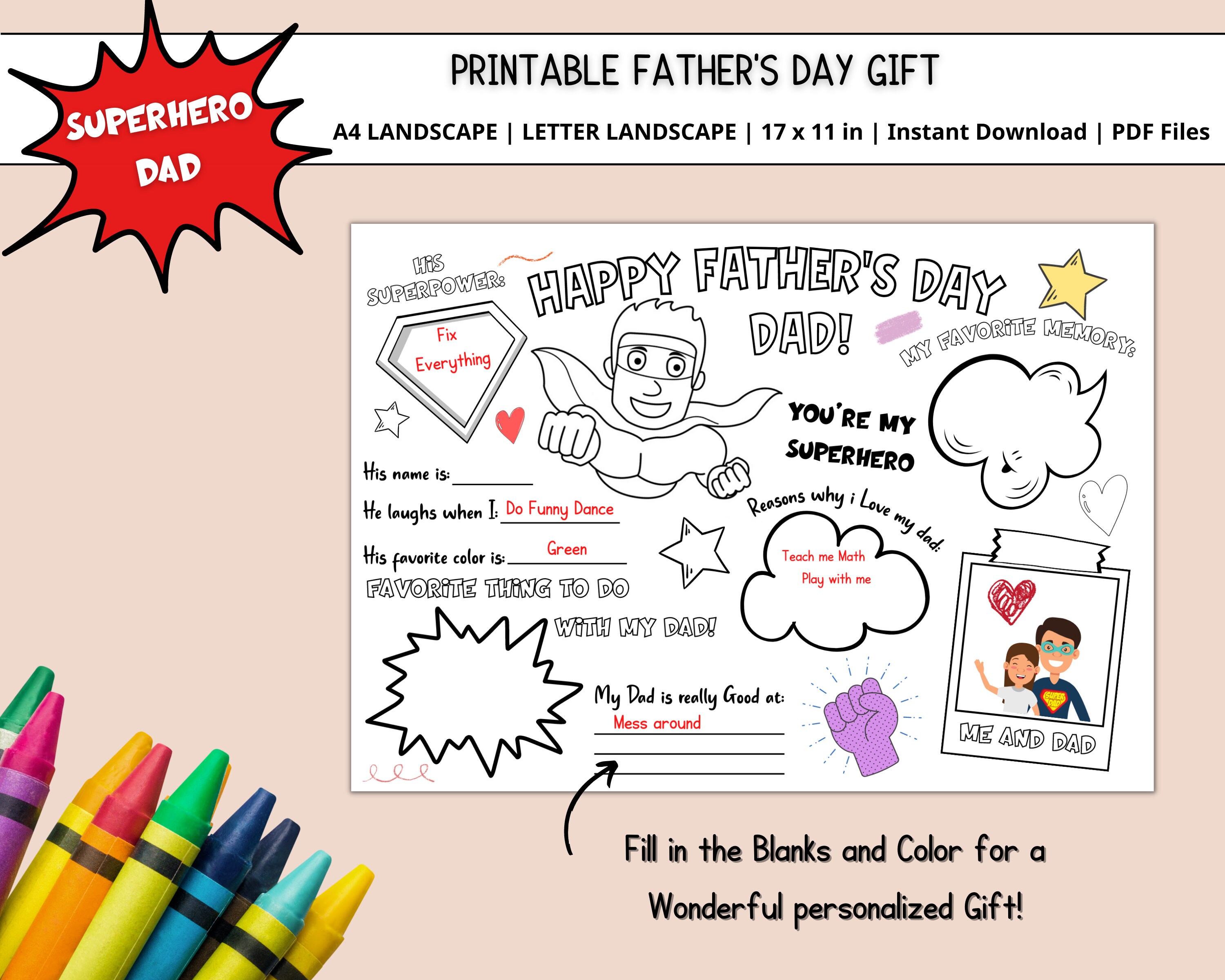 Printable Fathers Day Craft, Coloring Superhero Dad Template, Kids Gift ...