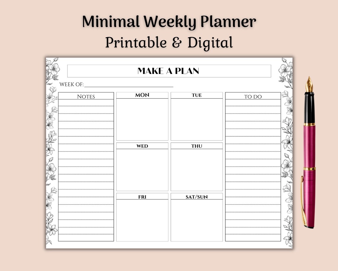 Minimal Weekly Planner, Printable Weekly Planner, Digital Weekly ...