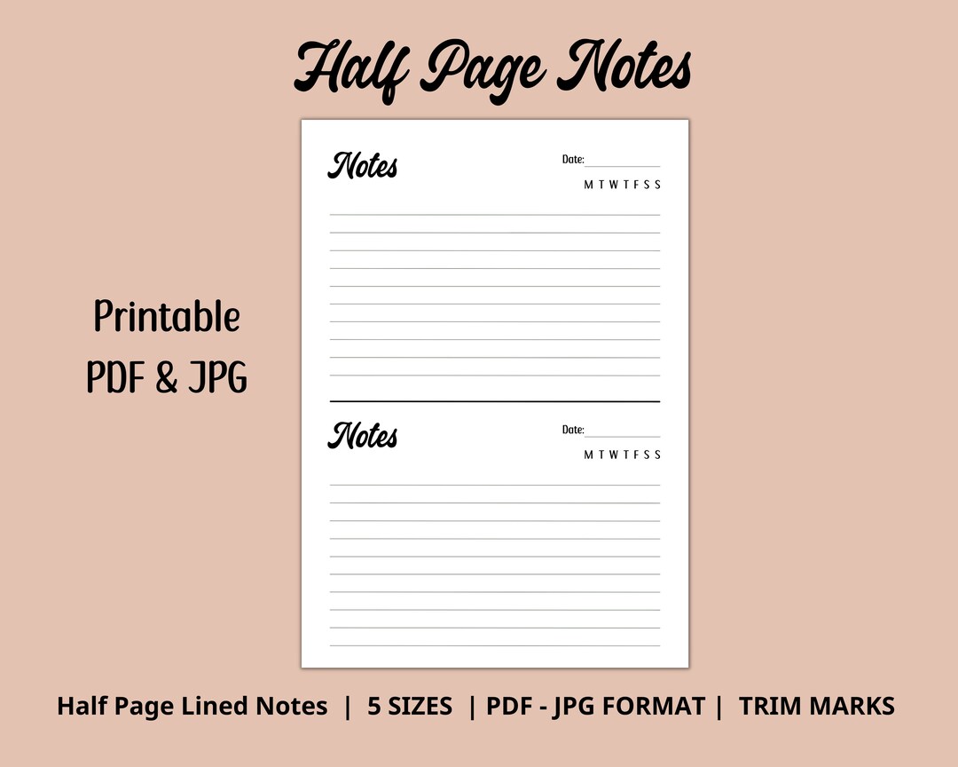 Printable Lined Notes Page,half Page Lined Notes,double Notes Page ...