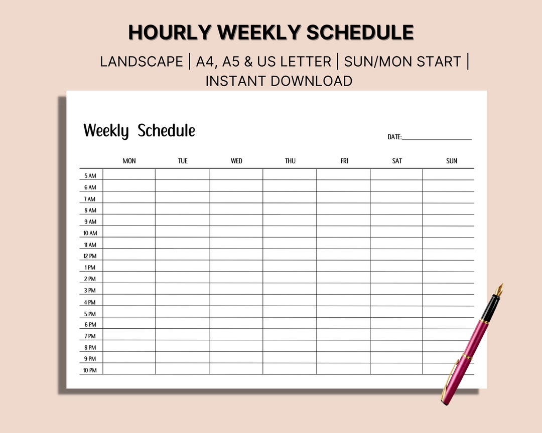 Hourly Weekly Schedule, Weekly Planner Landscape, Week at Glance ...