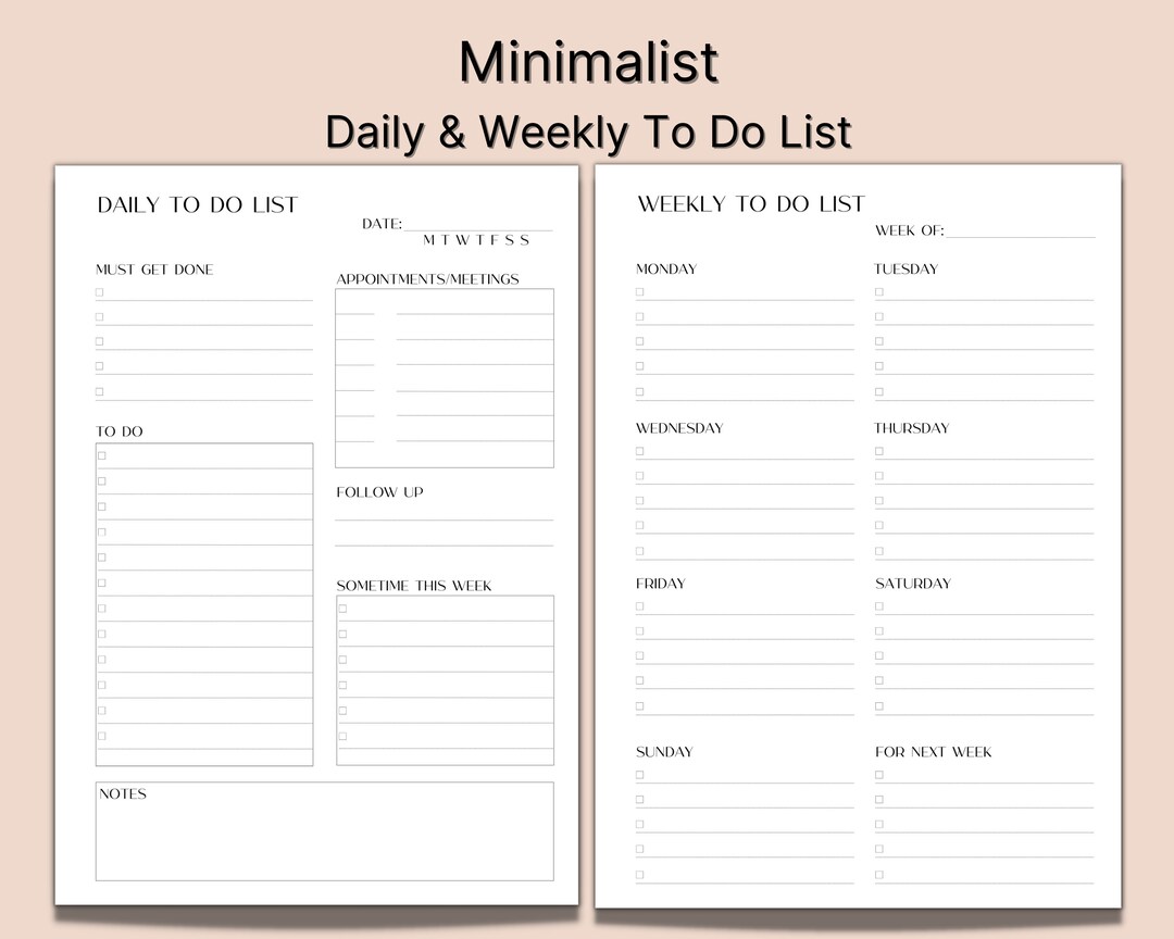 Minimalist Daily to Do List, Minimal Weekly to Do List, Daily-weekly ...