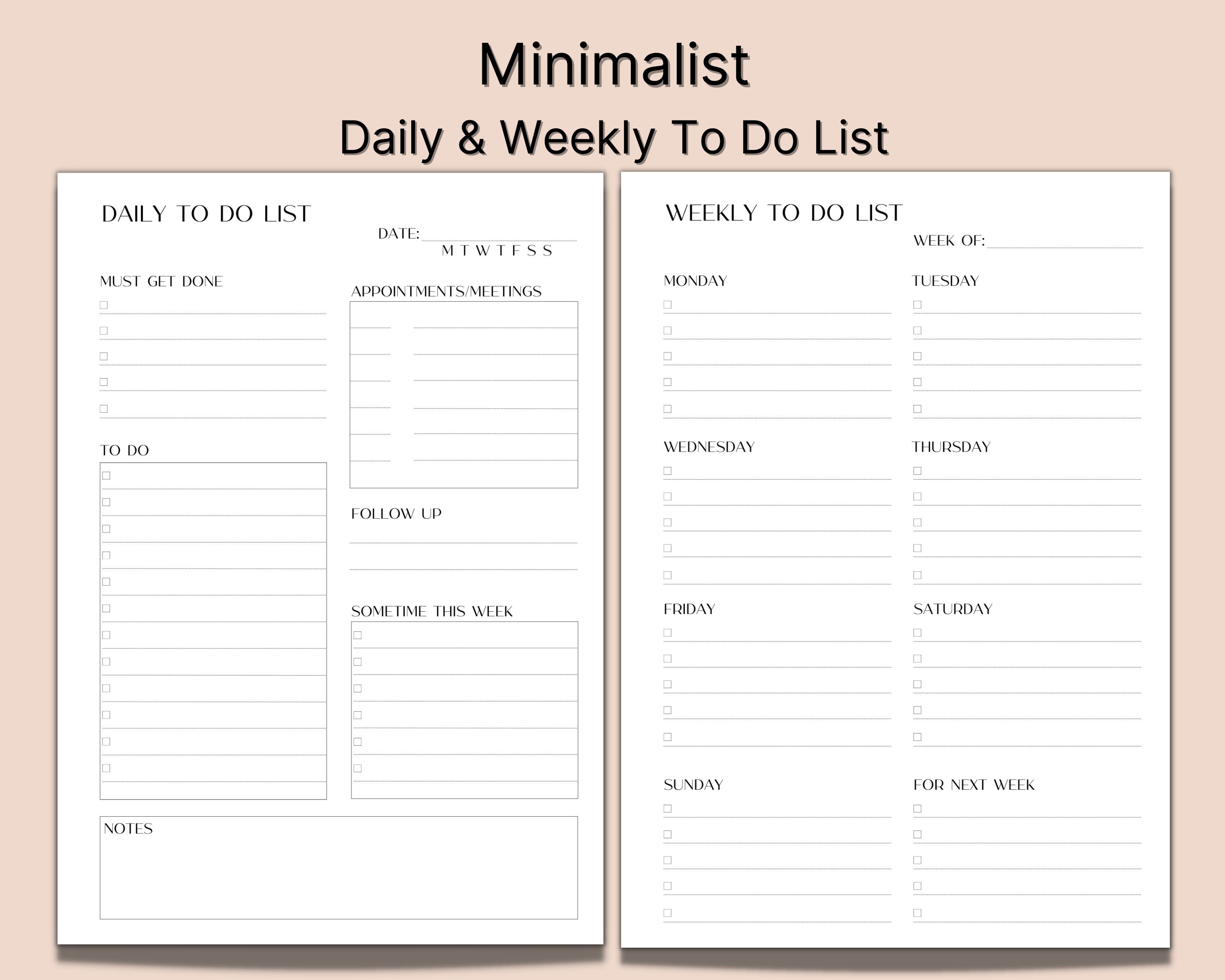 Minimalist Daily to Do List, Minimal Weekly to Do List, Daily-weekly ...