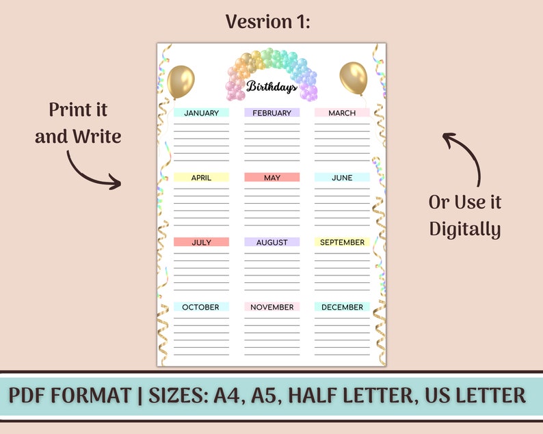 Editable Birthday Tracker | Birthday Planner | Printable Birthday List ...