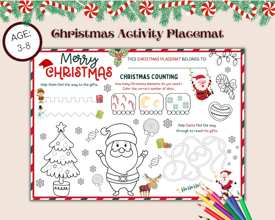 Kid's Christmas Activity Sheet, Christmas Activity-coloring Placemat ...