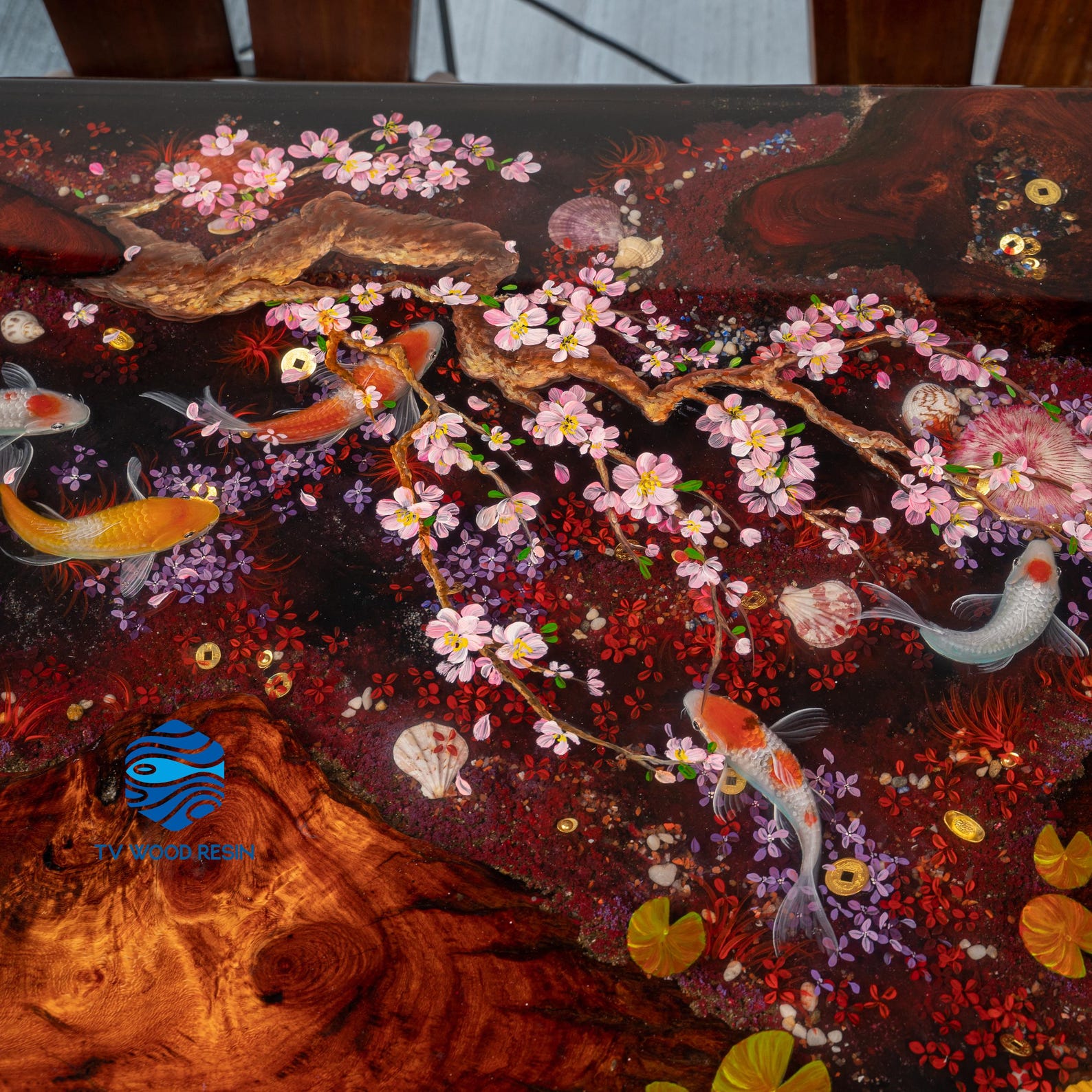 Cherry Blossom Koi Fish Epoxy Resin Table, Japanese Art Furniture ...