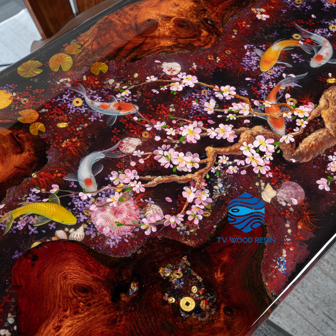 Cherry Blossom Koi Fish Epoxy Resin Table, Japanese Art Furniture ...