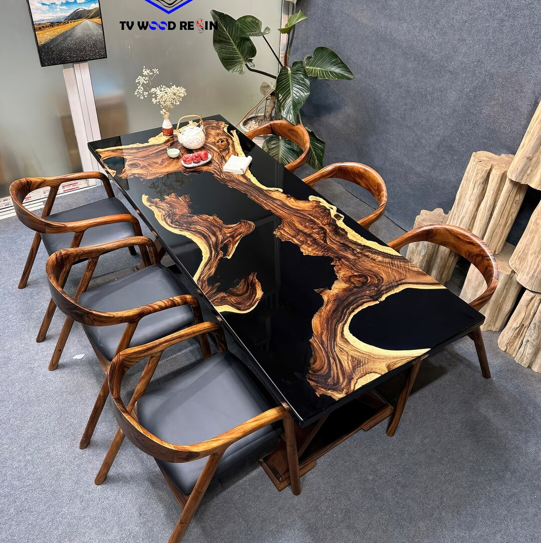 Custom Black Epoxy Dining Table: Handmade Wood & Resin - Etsy
