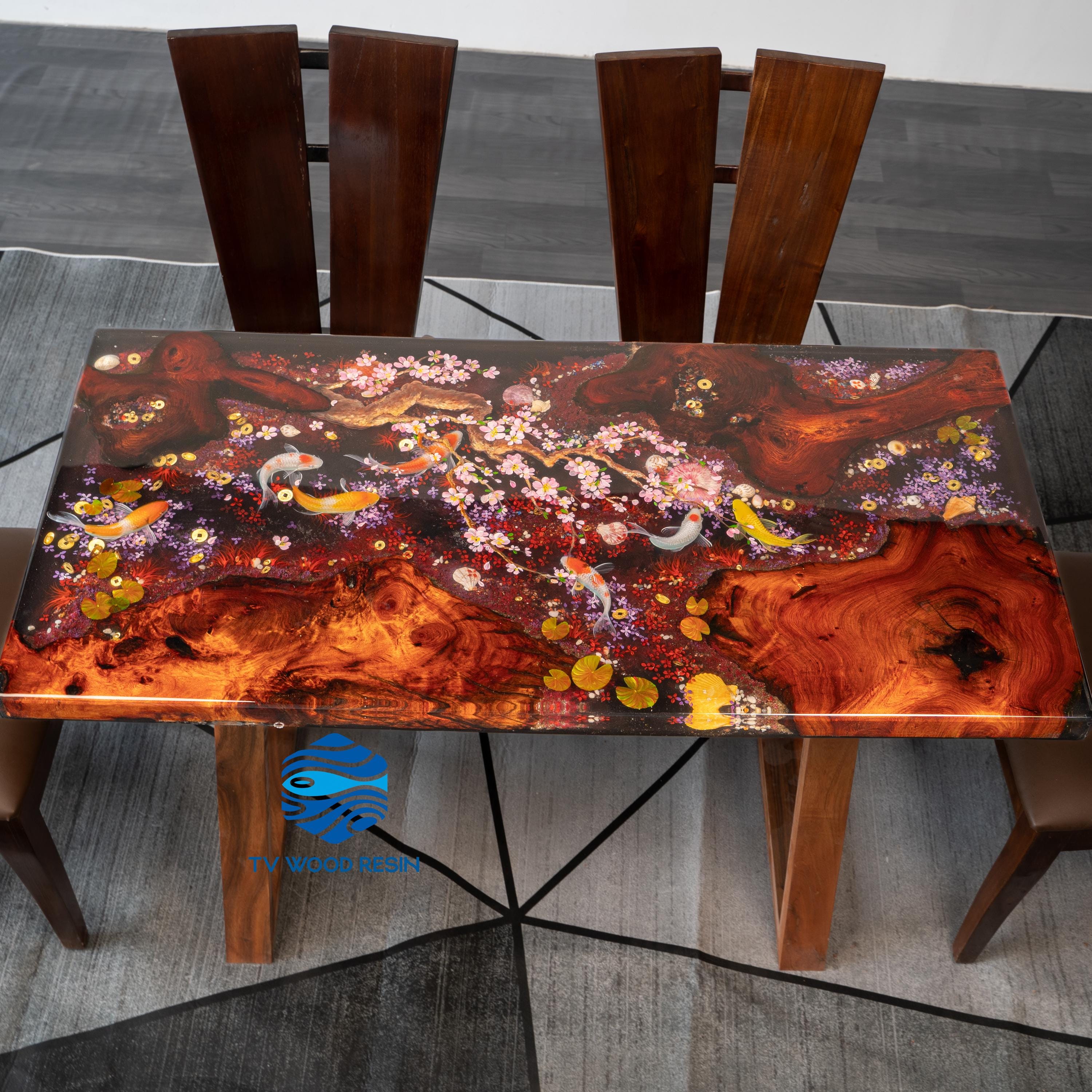 Cherry Blossom Koi Fish Epoxy Resin Table, Japanese Art Furniture ...