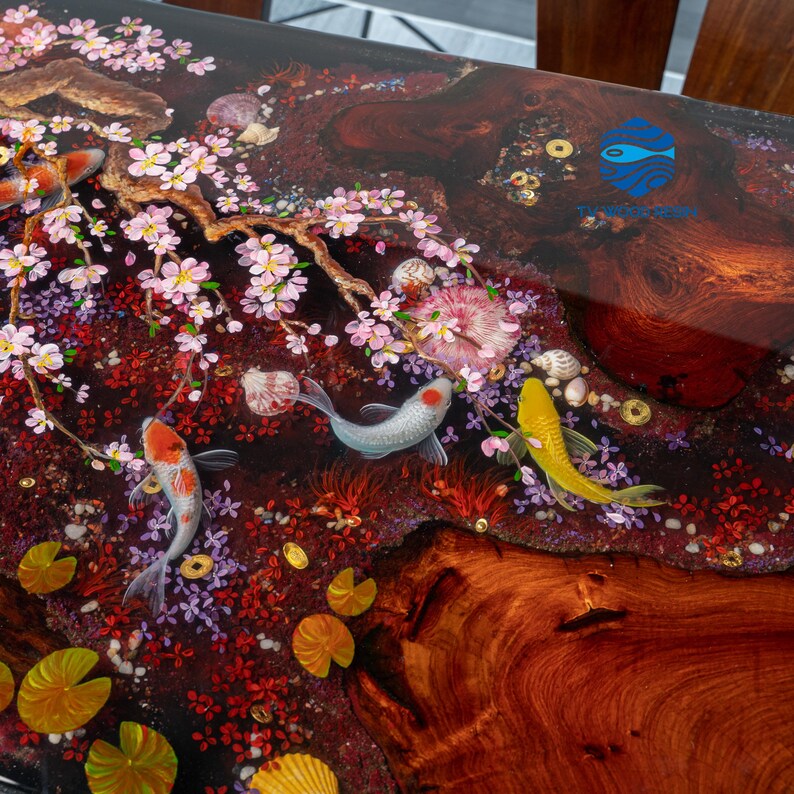 Cherry Blossom Koi Fish Epoxy Resin Table, Japanese Art Furniture ...