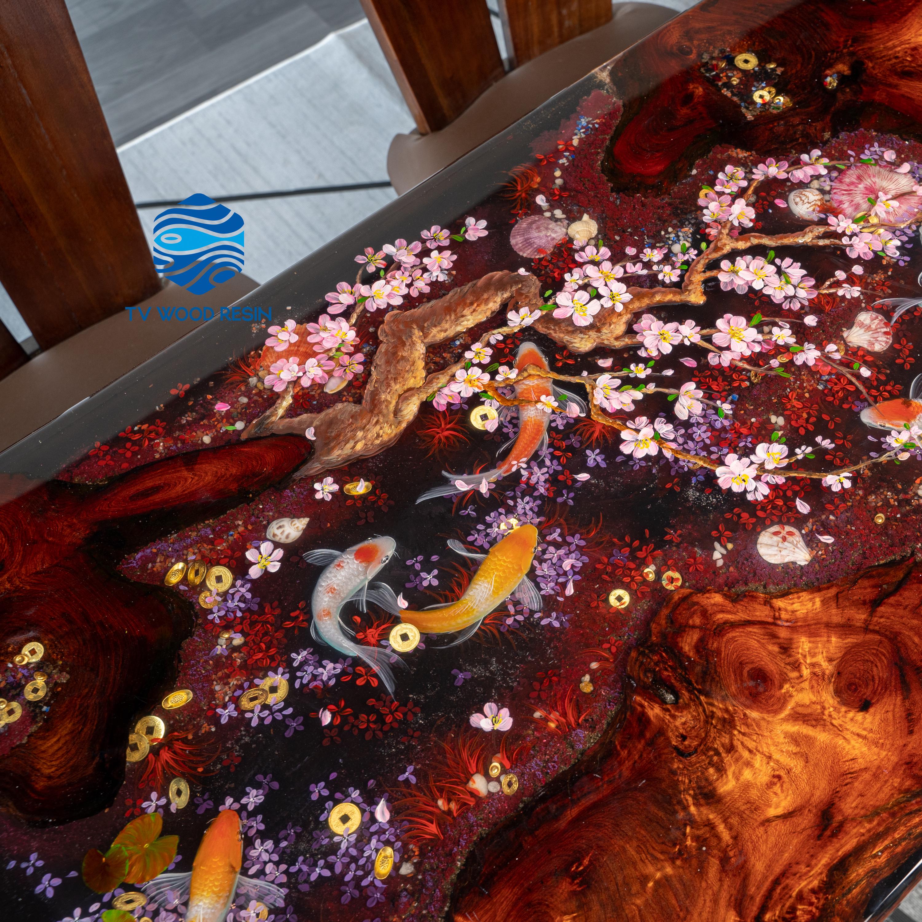 Cherry Blossom Koi Fish Epoxy Resin Table, Japanese Art Furniture ...
