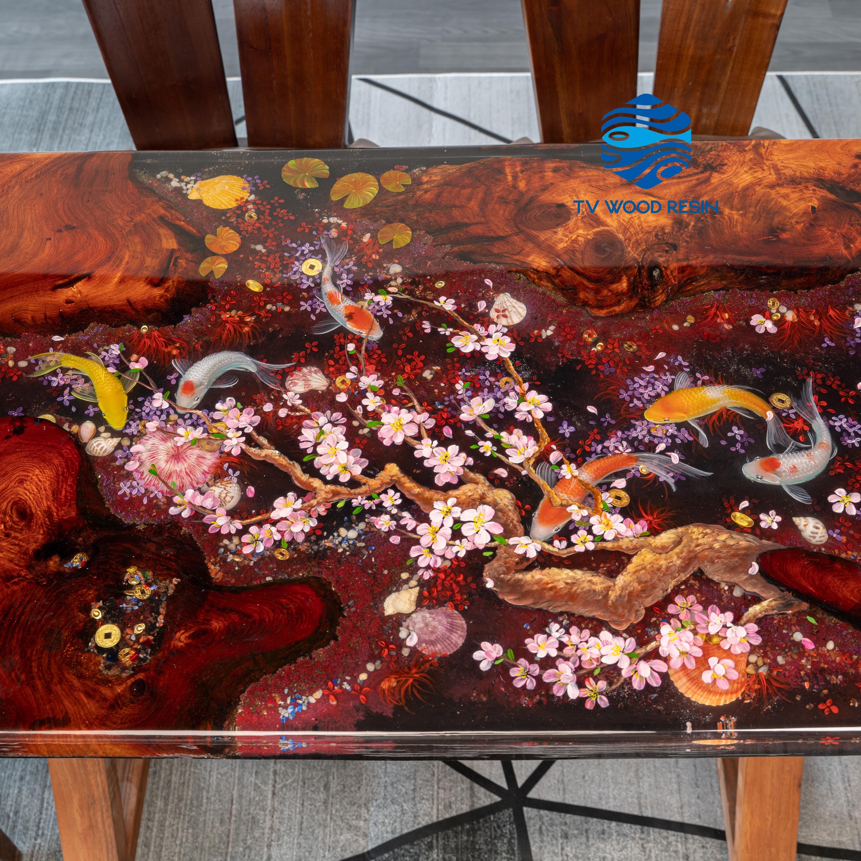 Cherry Blossom Koi Fish Epoxy Resin Table, Japanese Art Furniture ...