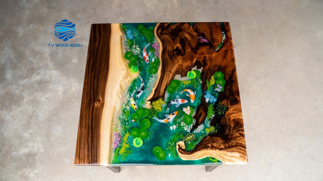 Square Koi Pond Epoxy Resin Table, Vibrant Swimming Koi Fish With Deep ...
