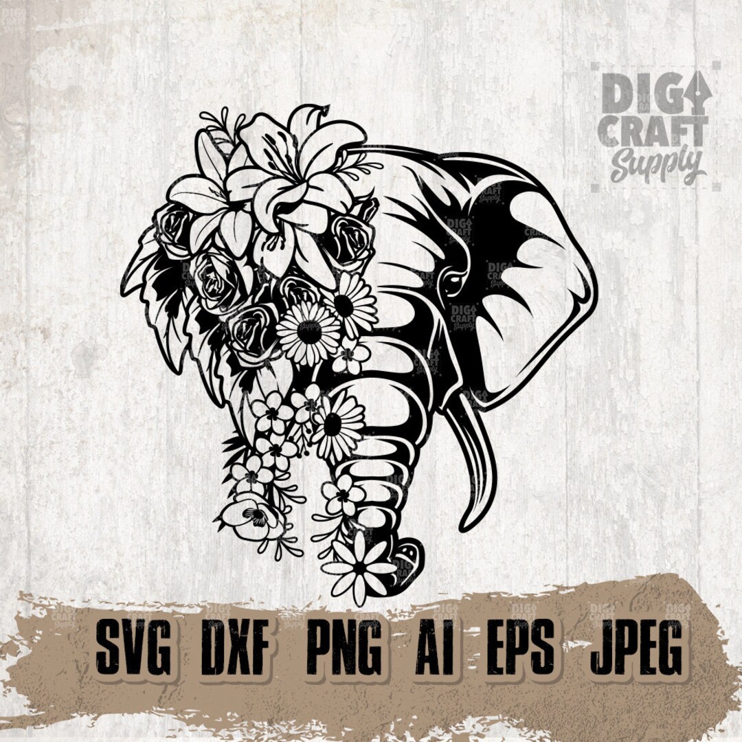 Elephant Floral Svg | Flower Animal Clipart | Cute Safarilife Stencil ...