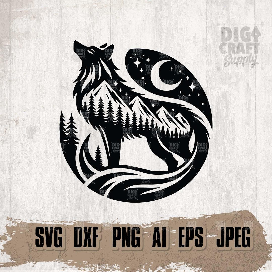 Howling Wolf Svg | Night Scene Clipart | Wolf Scene Stencil | Mountain ...