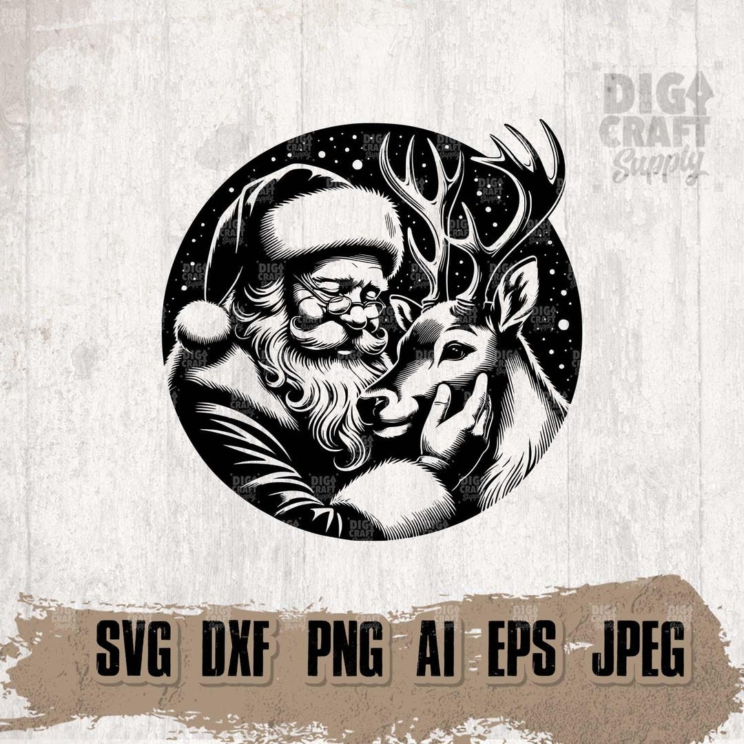 Santa Claus and Deer Svg | Christmas Scene Clipart | Wild Deer Stencil ...