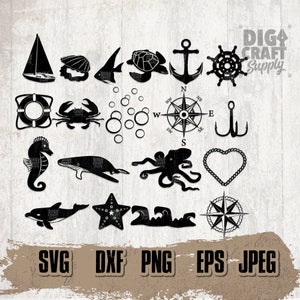 19 Sea Icons and Creature Bundle Svg, Sea Bundle Svg, Beach Icons Svg ...