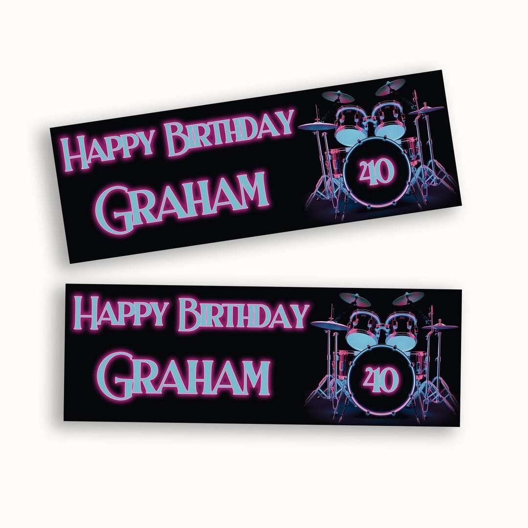 Personalised Rock & Roll Drum Birthday Banner | Neon Glow Music Party ...