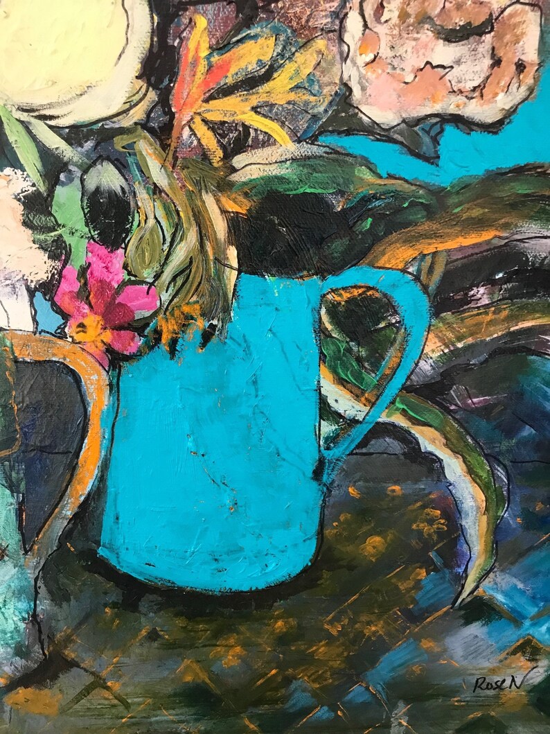 A Harlequin Vase of Roses in a Bloomsbury Style Alongside a Turquoise ...