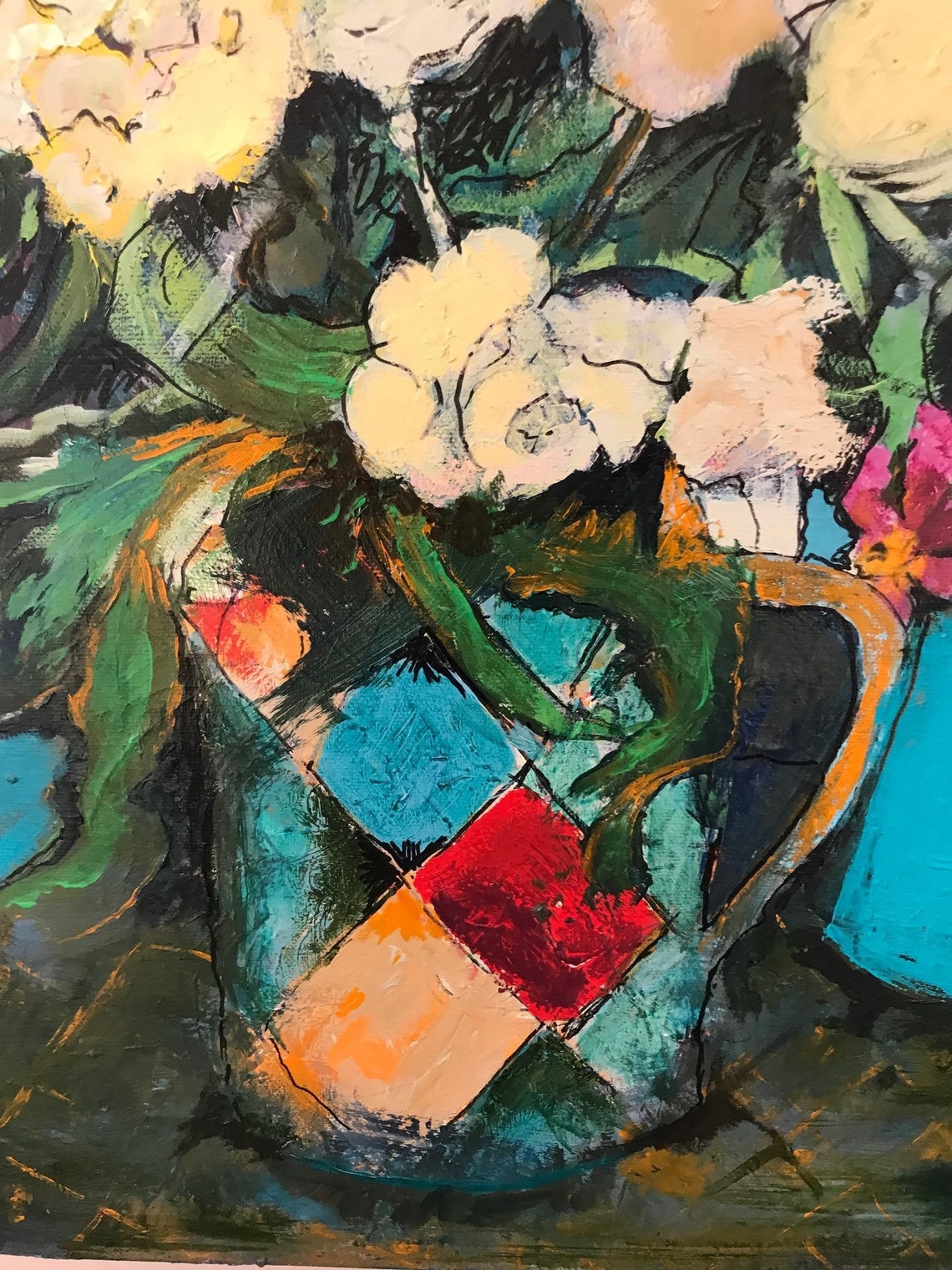 A Harlequin Vase of Roses in a Bloomsbury Style Alongside a Turquoise ...