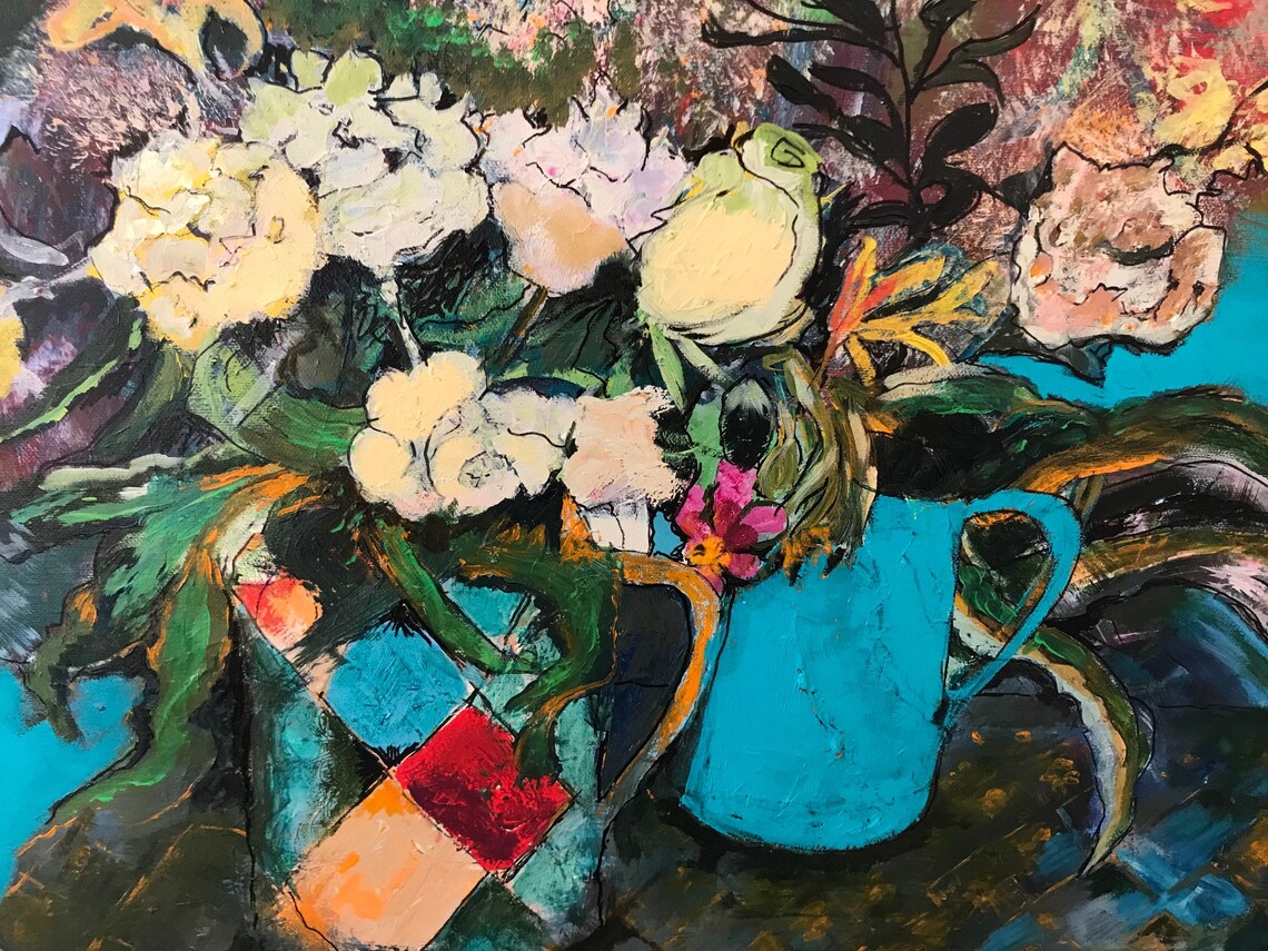 A Harlequin Vase of Roses in a Bloomsbury Style Alongside a Turquoise ...