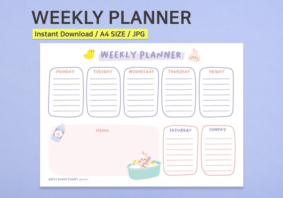 Bunny Rabbit Weekly planner printable A4 SIZE To Do List | Etsy