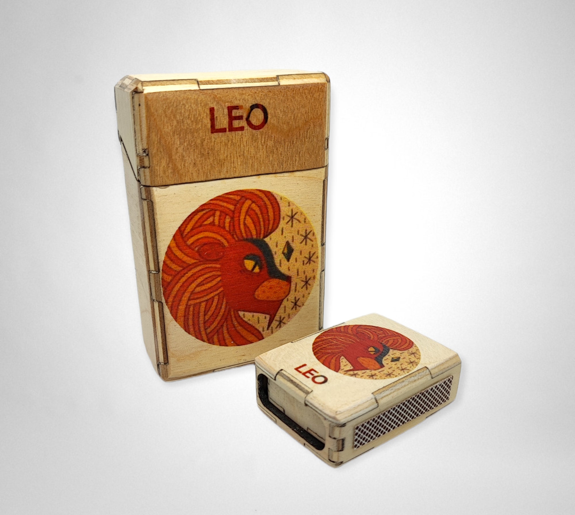 Leo Cigarrette Case, Zodiac Birthday Gift , Wooden Box With Matches ...