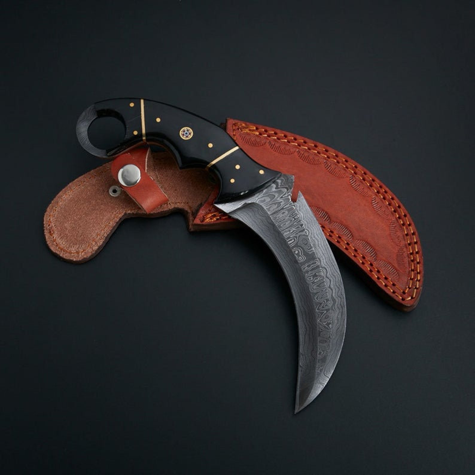 Custom handmade Damascus steel karambit knife with leather | Etsy