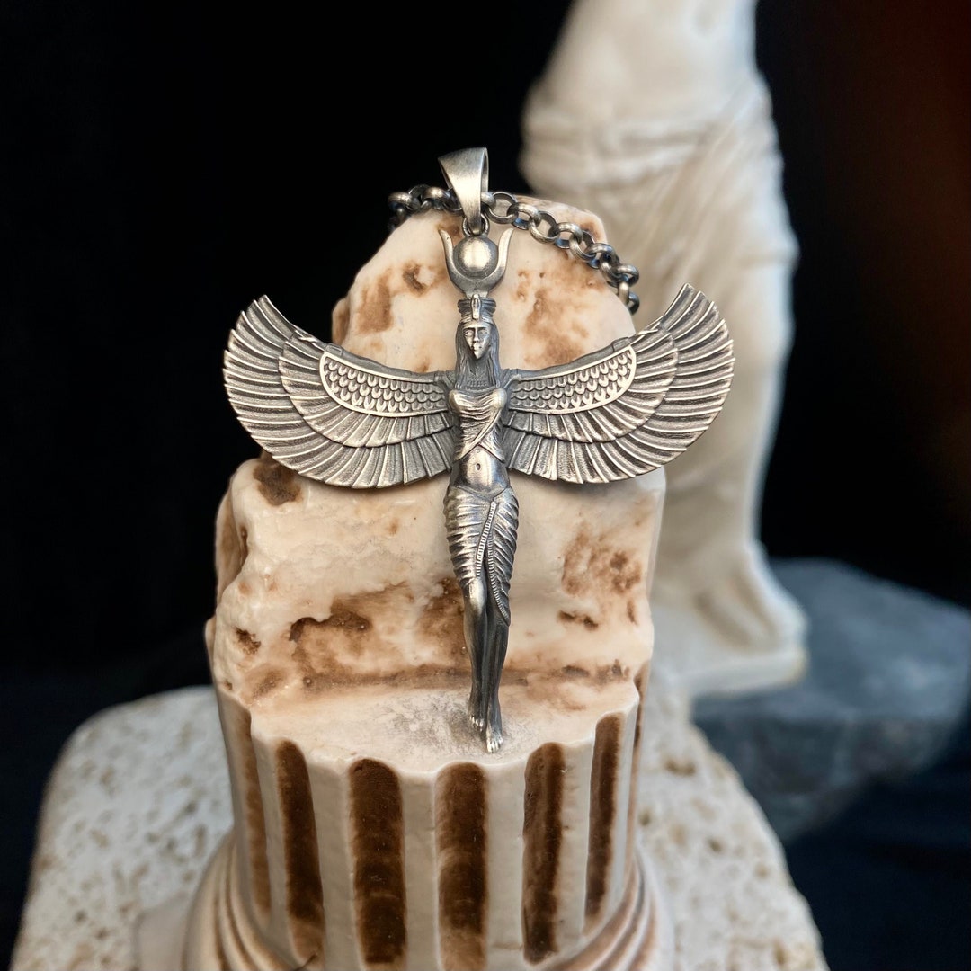 Winged Isis Goddess Necklace, Ancient Symbol Jewelry, Oxidized Silver ...