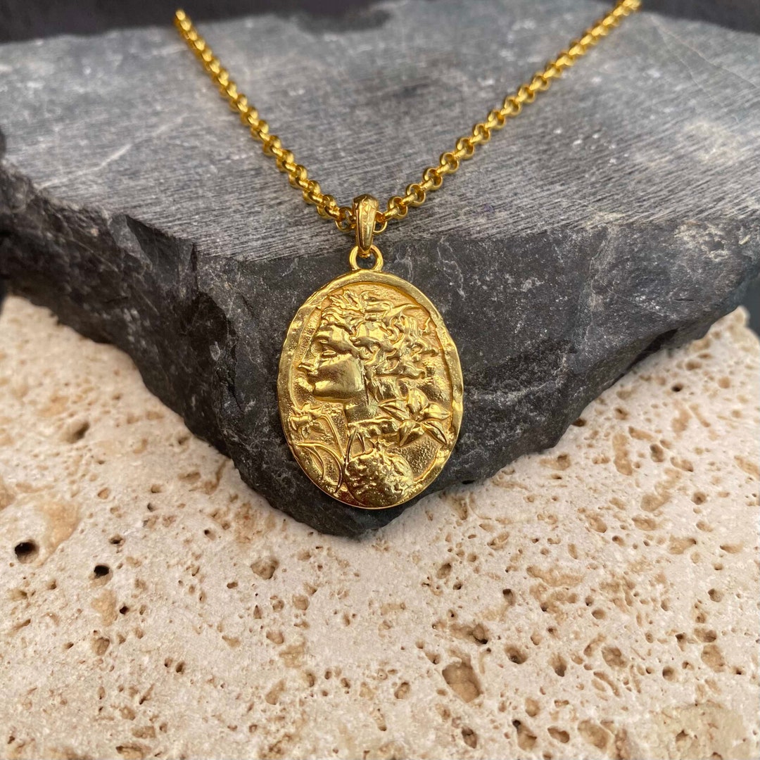 Gold Persephone Goddess Pendant, Yellow Gold Pomagranet Necklace ...