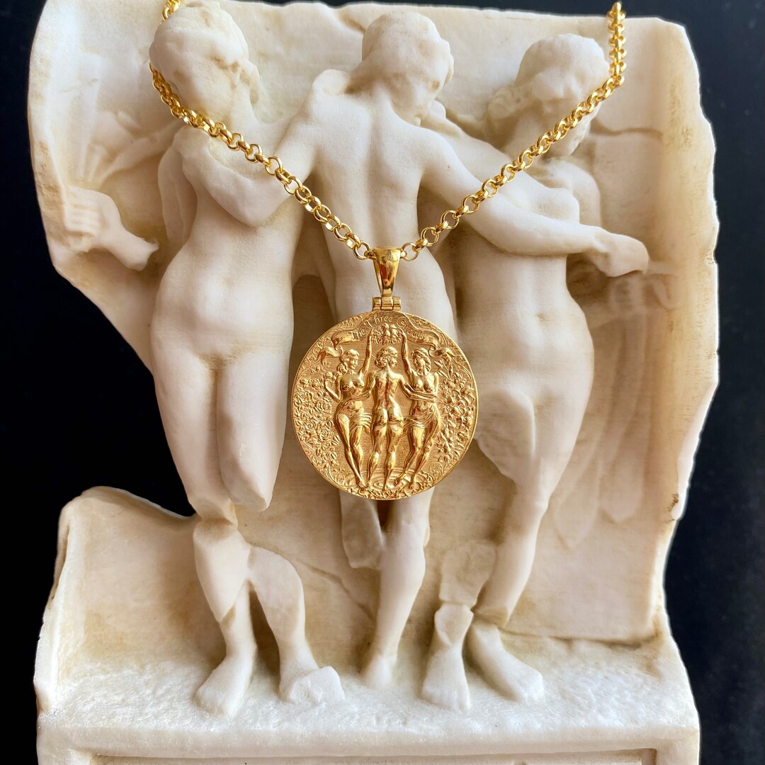 Three Graces Goddess Necklace, 18k Yellow Gold Ancient Greek Mythology Pendant, 14k Replica Coin ...