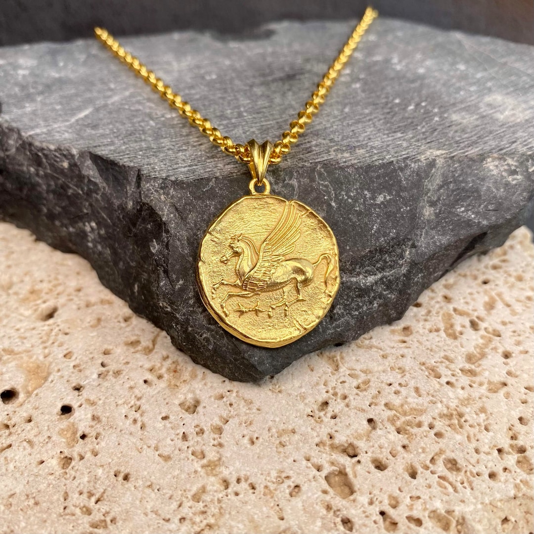 Athena Coin Pendant, 18k Greek Goddess Necklace, 14k Pegasus Pendant ...