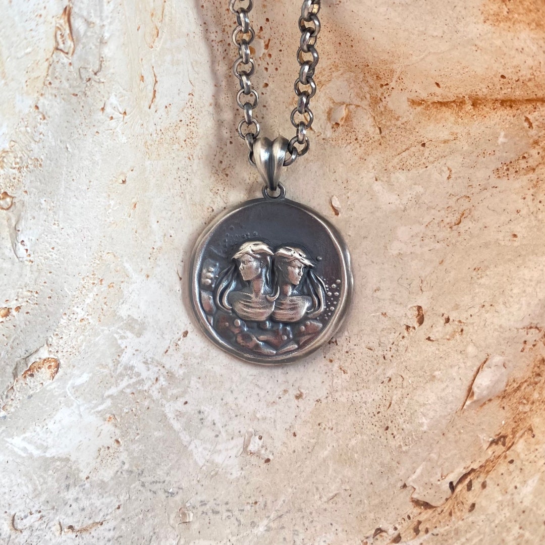 Silver Gemini Coin Necklace, Circle Shape Minimal Horoscope Pendant ...