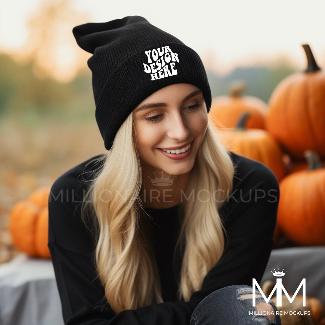 Black Beanie Mockup Ribbed Knit Hat Mockup Cap Mockup Fall Mockup ...