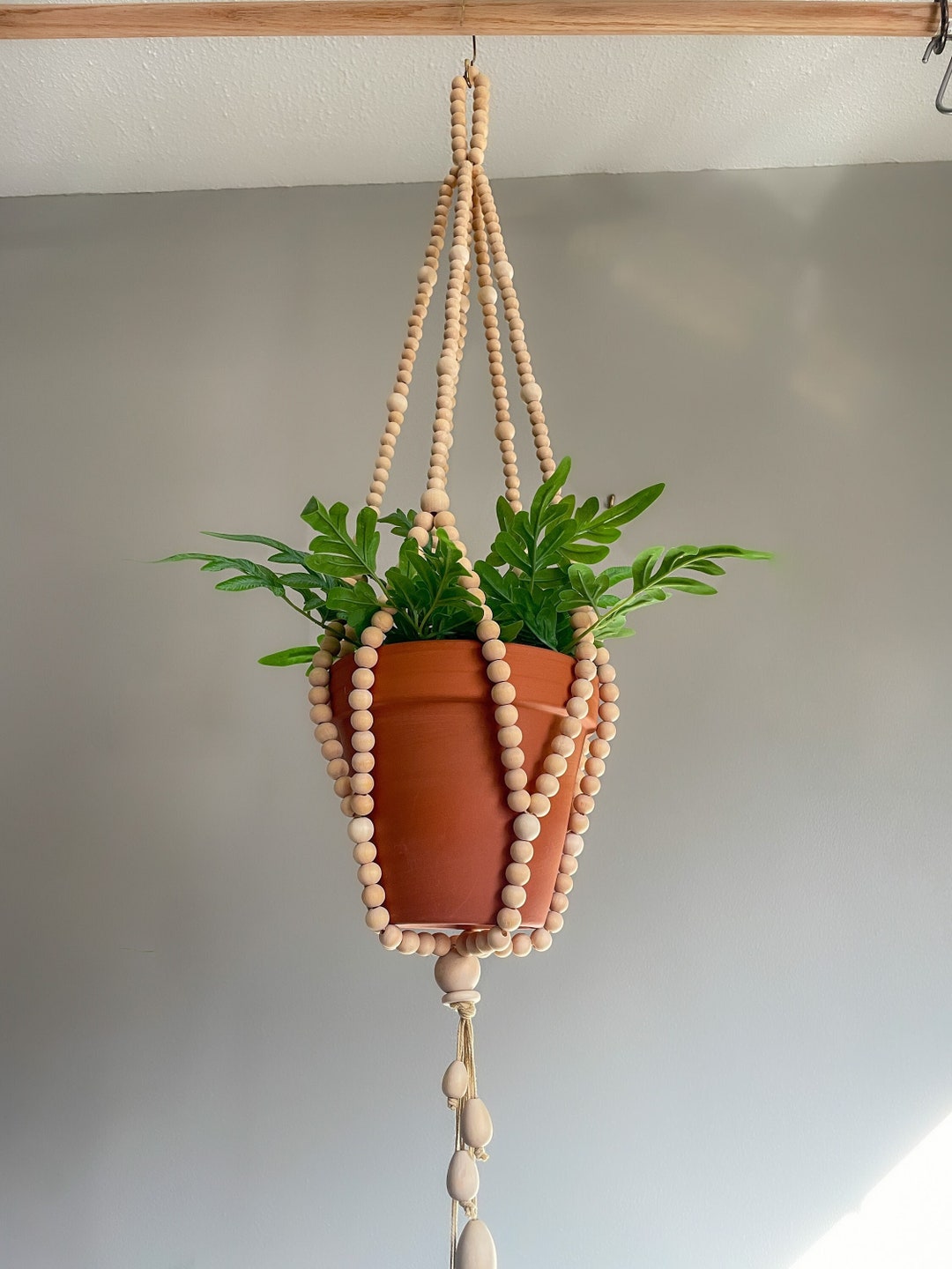 Wood Beaded Indoor Flower Pot Plant Hanger With Teardrop Beaded Tassel ...