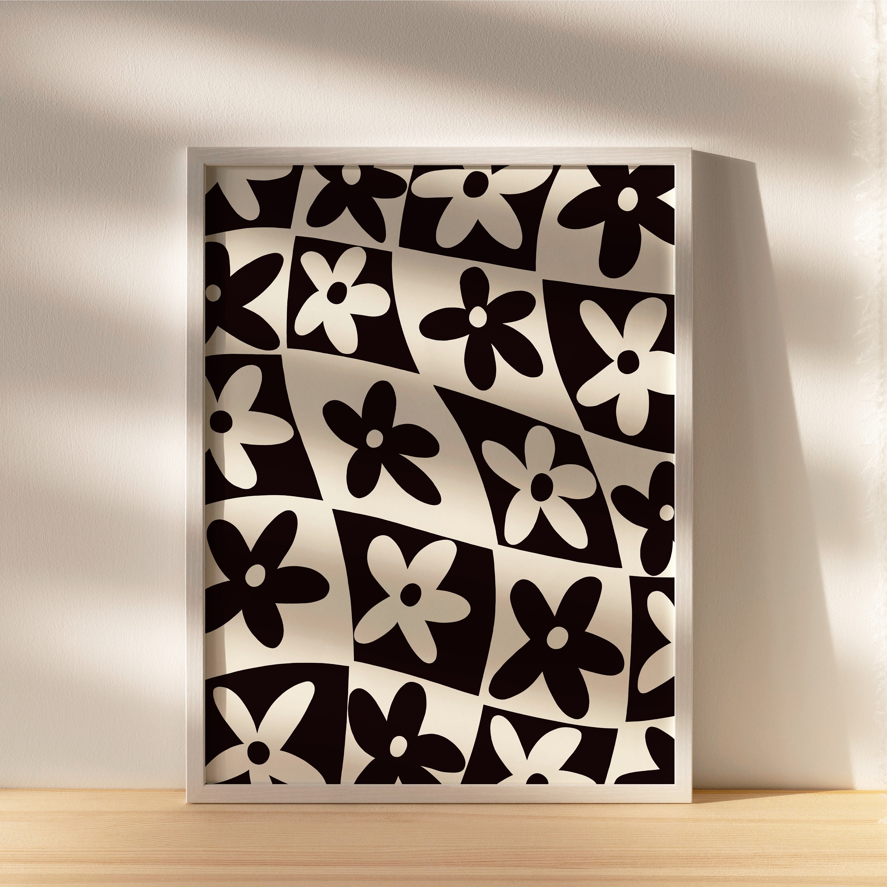 Black and White Checkered Flower Pattern Wall Art Geometric - Etsy