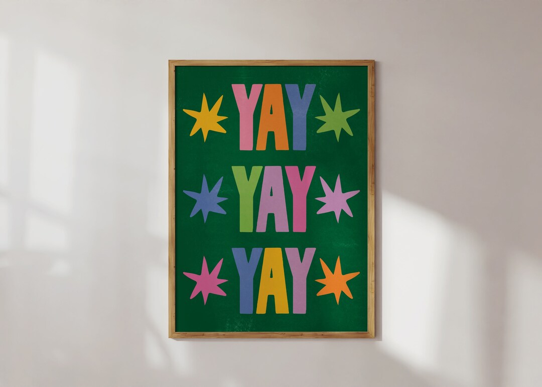 Retro Colorful 'yay' Art Print | DIGITAL Typography Poster, Stars ...