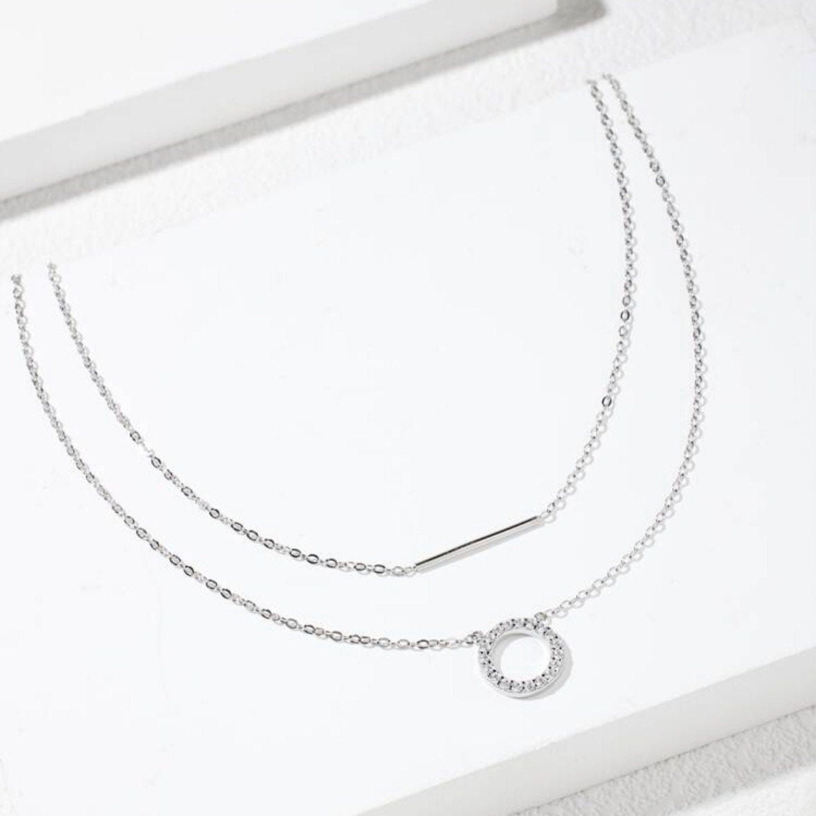 Sterling Silver Double Layer Necklace, Silver Minimal Pendant , Circle ...