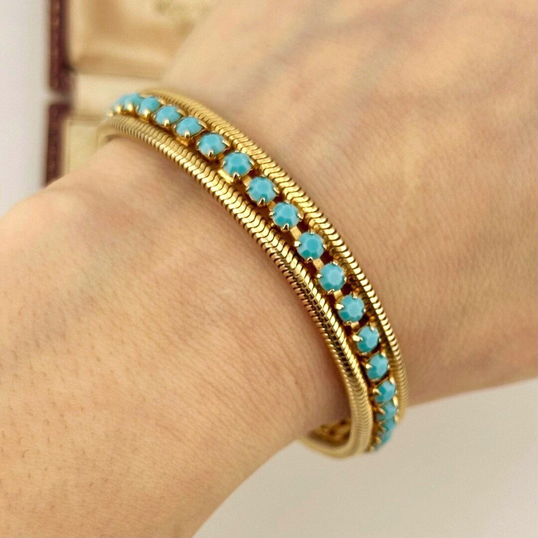 Vintage 1950s Gold Snake Chain Gas Pipe Bracelet, Blue Turquoise Glass ...