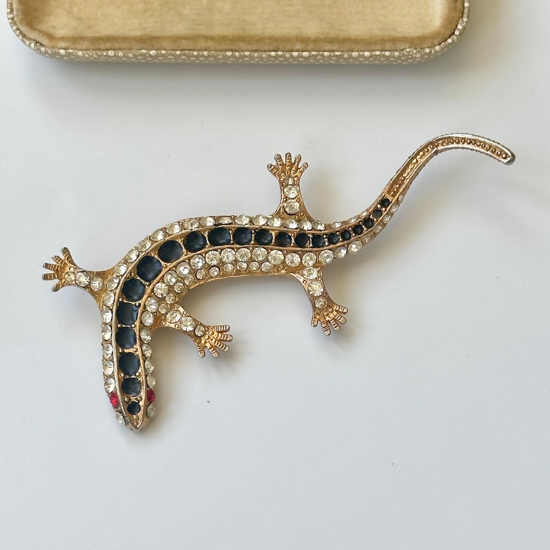 Stunning Vintage 18ct Gold Plated Lizard Enamel Austrian Crystal Brooch ...