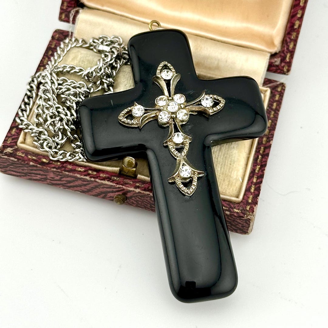 Vintage 1940s Black Bakelite Style Cross Pendant Necklace, Early ...