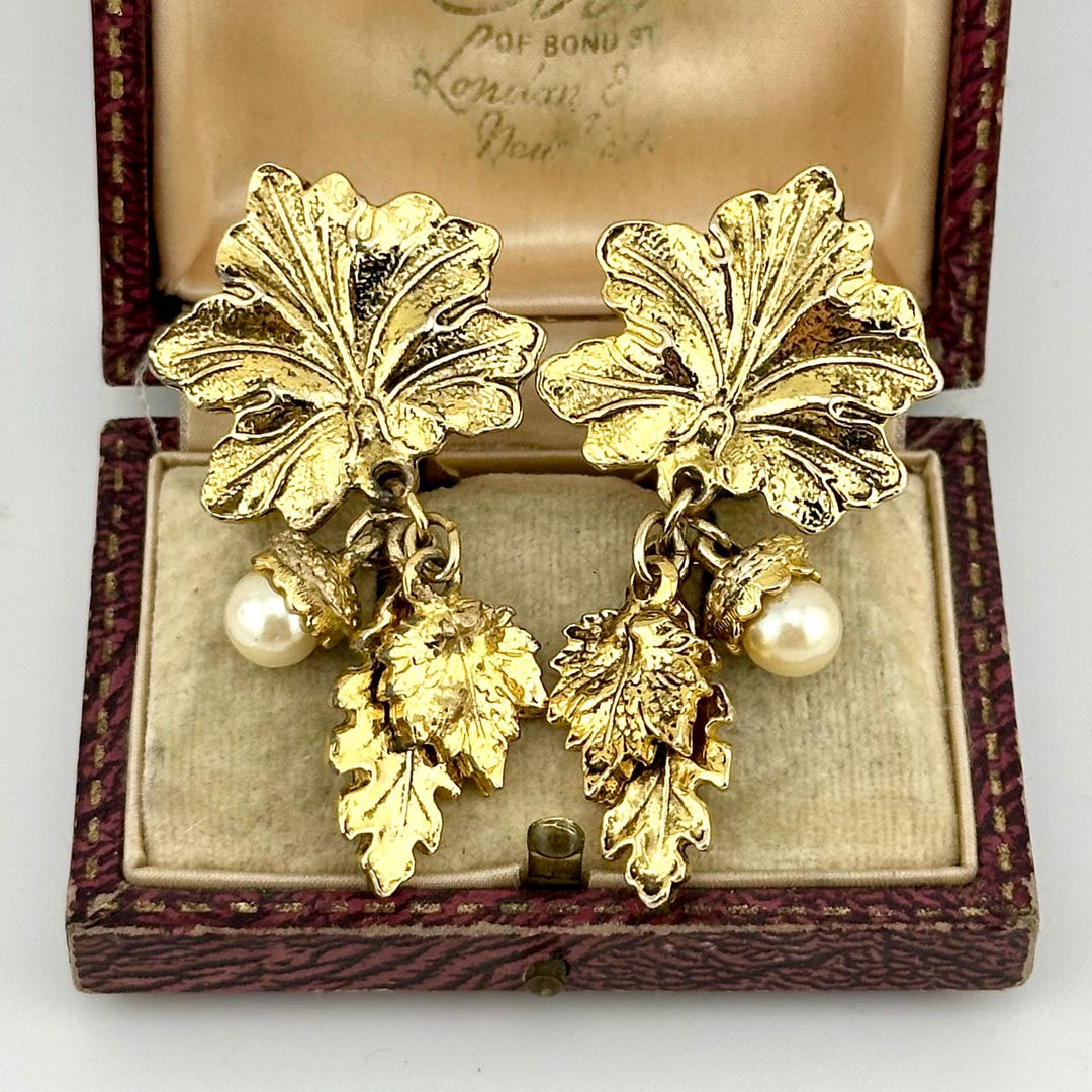 Vintage Acorn Leaf Clip on Earrings, 1980s Gold Plated Botanical Pearl ...