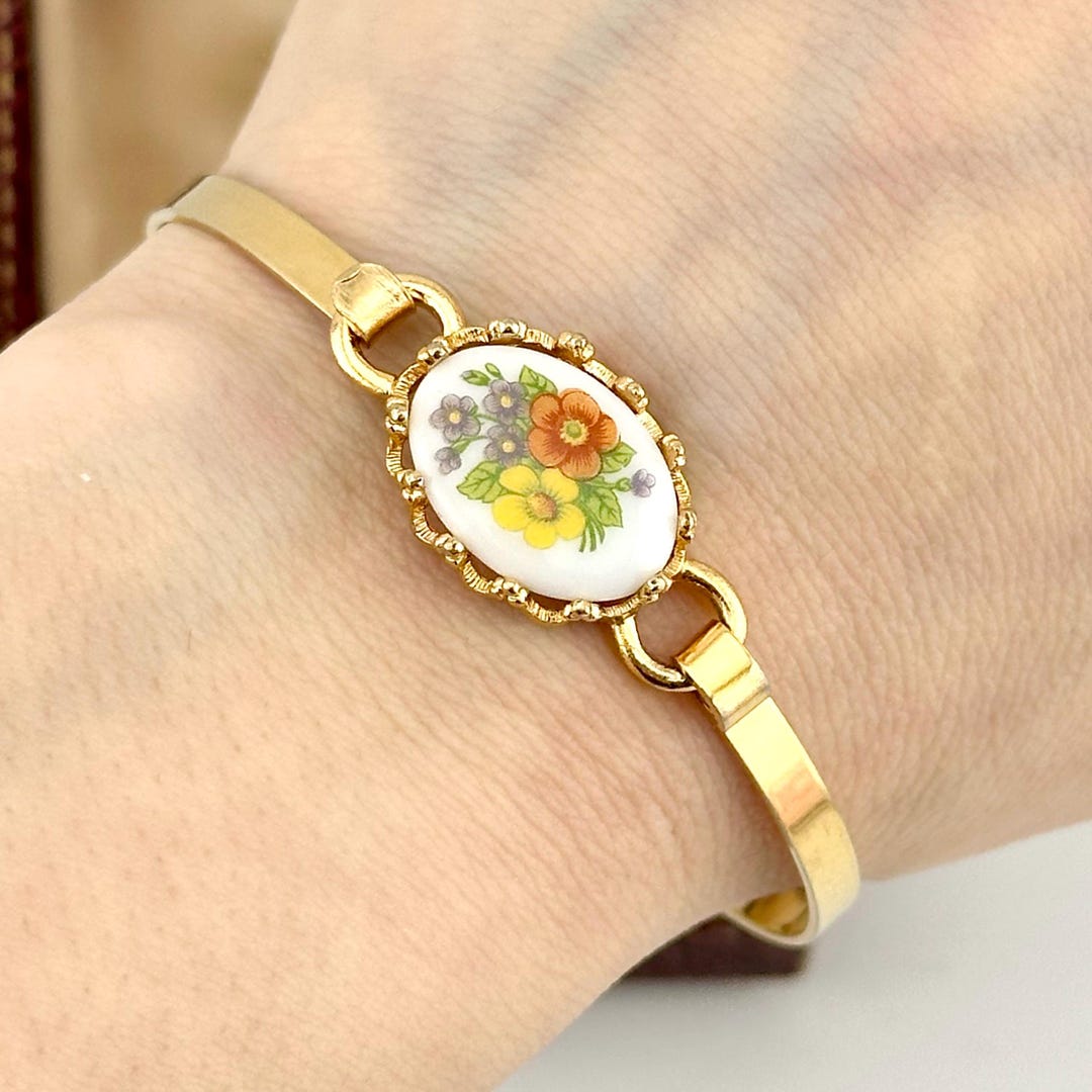 Vintage Avon Floral Porcelain Bracelet, 1970s Gold Victorian Style ...