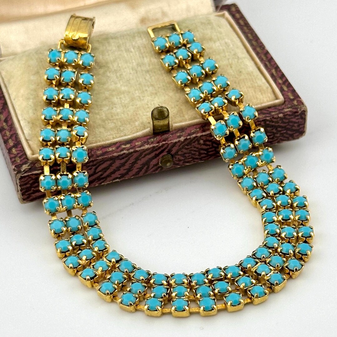 Vintage 1950s Turquoise Glass Bracelet, Mid-century Gold Statement ...