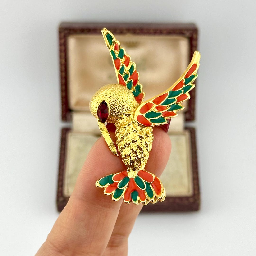 Vintage Sphinx Hummingbird Brooch, 1980s Gold Green Red Enamel Jewelry ...