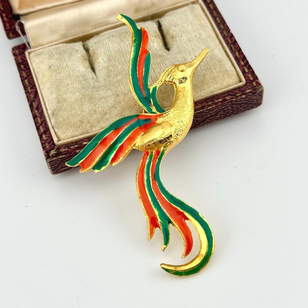 Vintage Phoenix Bird Brooch, Sphinx-style 1960s Enamel Gold Pin, Green ...